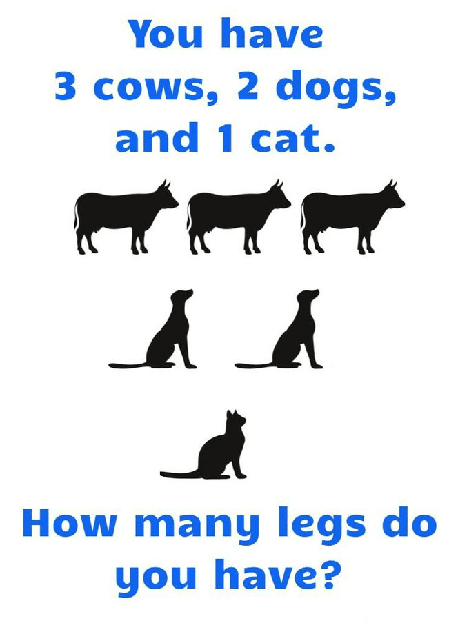 “You have 3 cows, 2 dogs, and 1 cat. How many legs do you have ...
